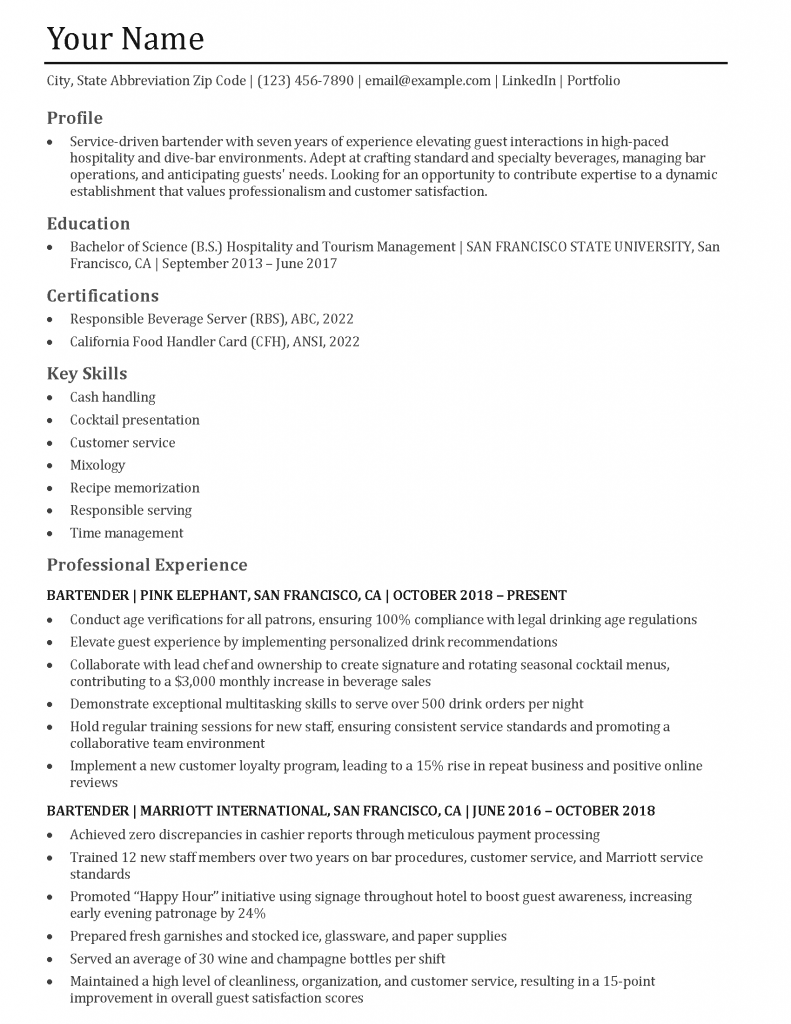 Bartender Resume Templates and Examples for 2024 - ResumeTemplates.com Bartender Resume Templates and Examples for 2024 - ResumeTemplates.com