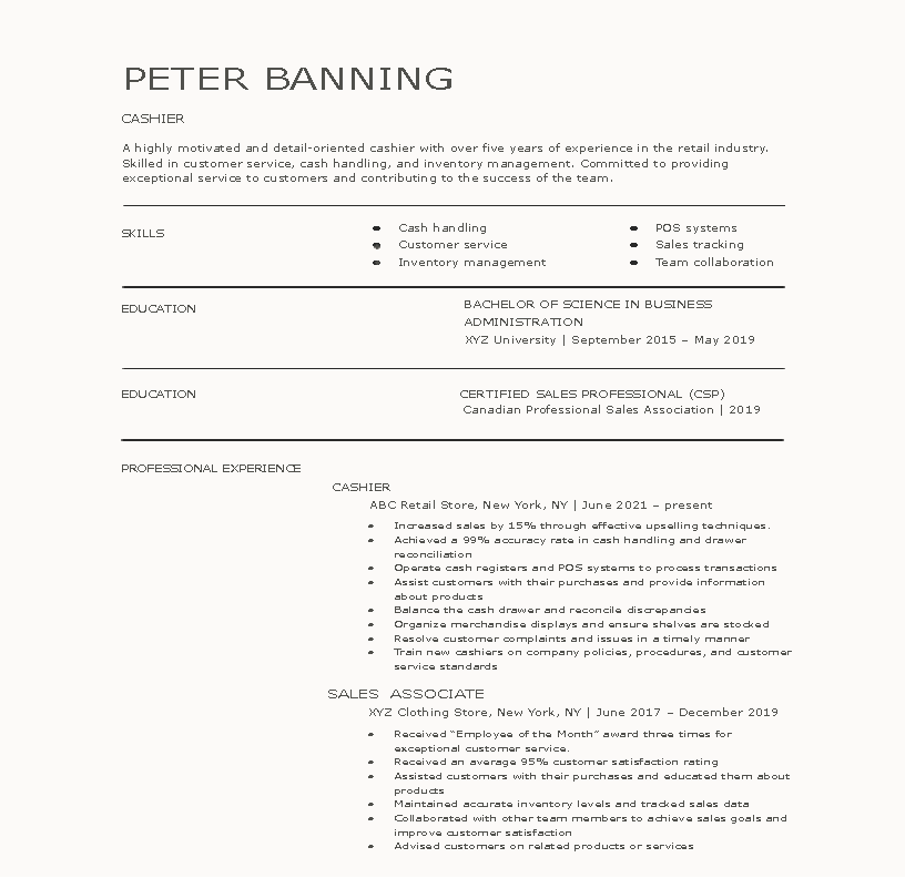 Cashier Resume Templates and Examples for 2024 - ResumeTemplates.com