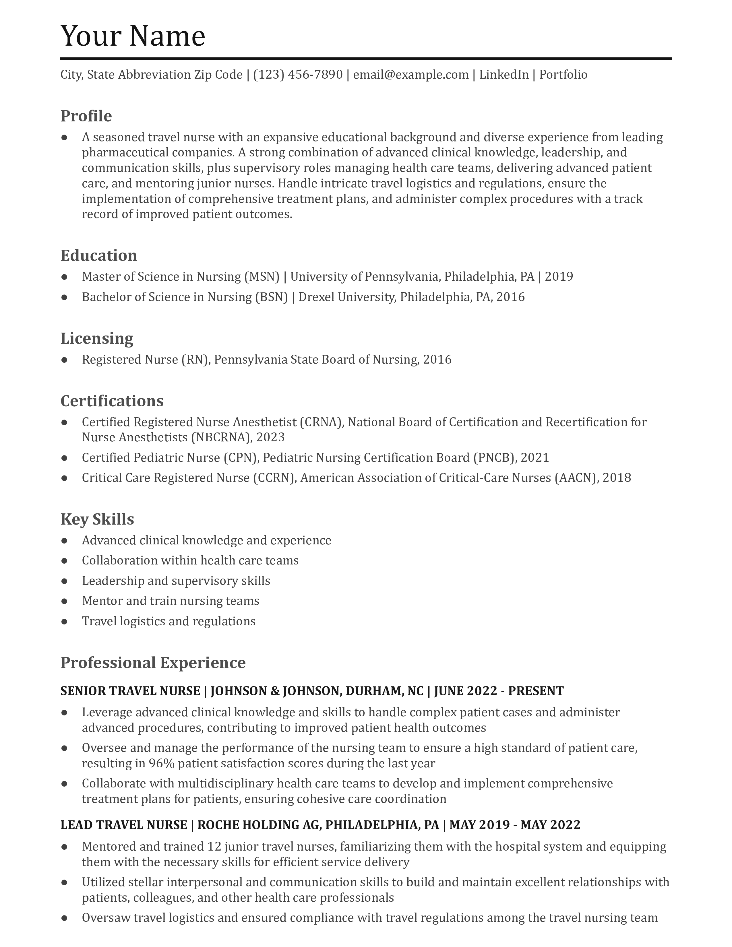 Travel Nurse Resume Examples and Templates for 2025 - ResumeTemplates.com