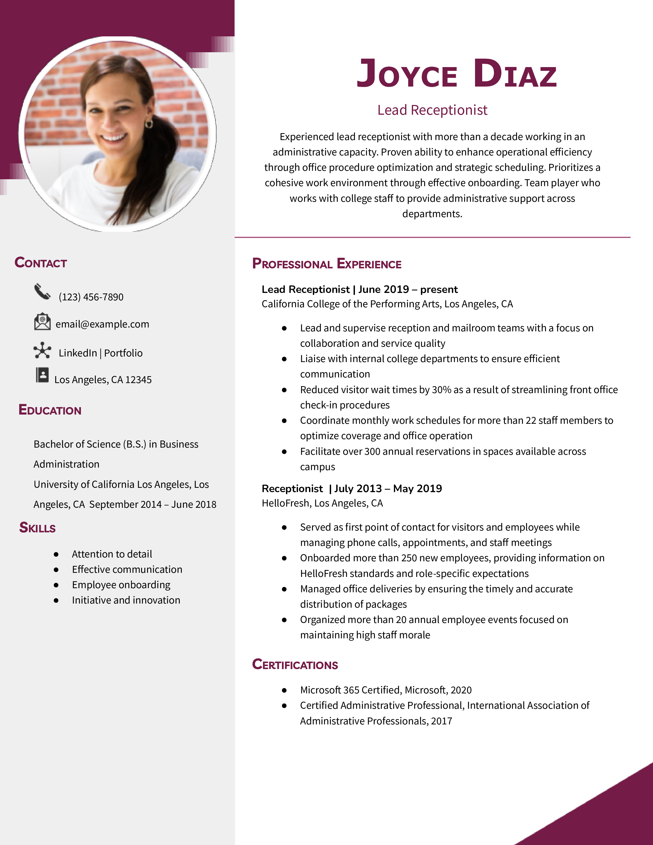 Receptionist Resume Examples And Templates For 2025 - Resumetemplates.com
